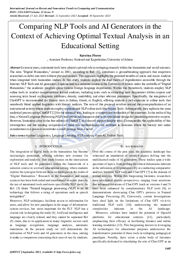 (PDF) Comparing NLP Tools and AI Generators in the Context of Achieving Optimal Textual Analysis ...