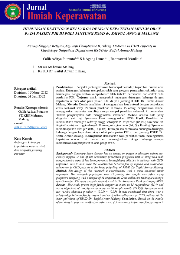 (PDF) HUBUNGAN DUKUNGAN KELUARGA DENGAN KEPATUHAN MINUM OBAT PADA PASIEN PJK DI POLI JANTUNG ...