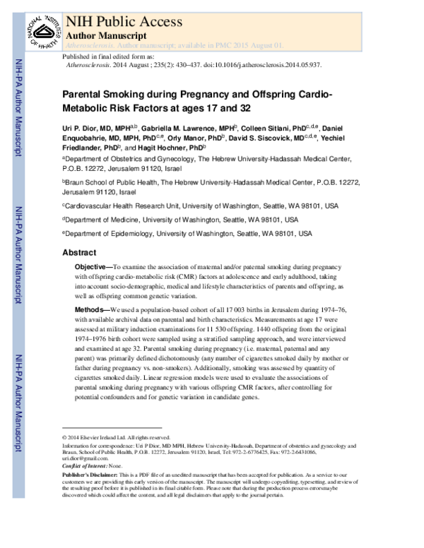 (PDF) Parental smoking during pregnancy and offspring cardio-metabolic ...