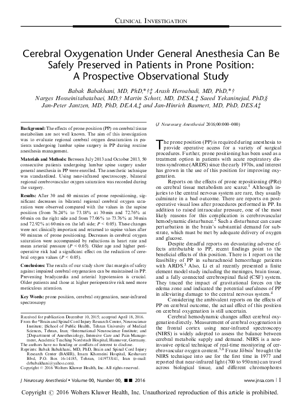 (PDF) Cerebral Oxygenation Under General Anesthesia Can Be Safely ...