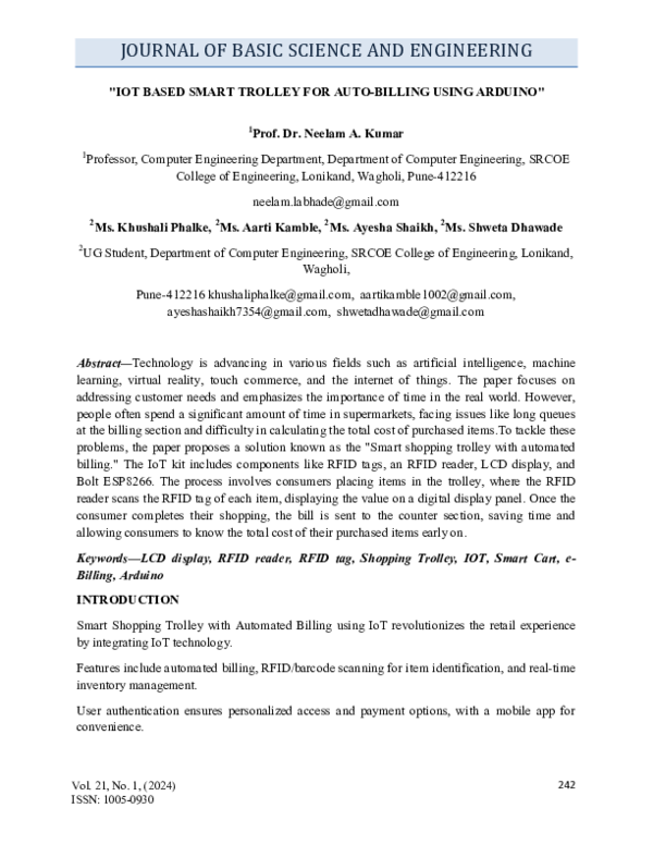 Pdf Iot Based Smart Trolley For Auto Billing Using Arduino