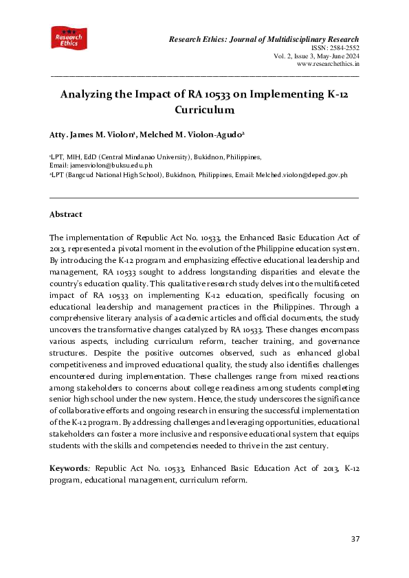 (PDF) Analyzing the Impact of RA 10533 on Implementing K-12 Curriculum