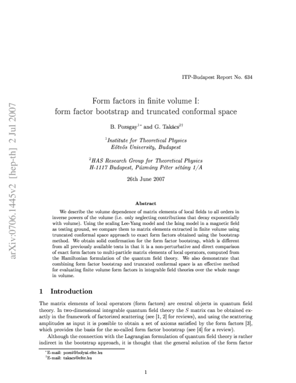 (PDF) Form factors in finite volume I: Form factor bootstrap and ...