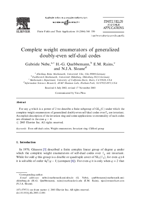 Pdf Complete Weight Enumerators Of Generalized Doubly Even Self Dual Codes