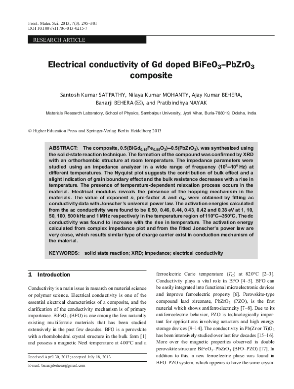 (PDF) Electrical conductivity of Gd doped BiFeO3-PbZrO3 composite