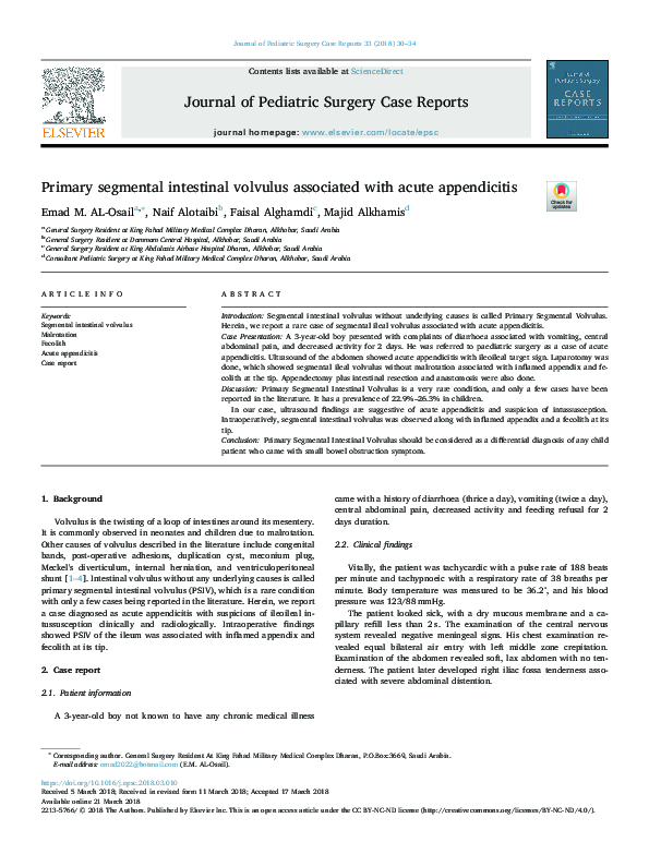 (PDF) Primary segmental intestinal volvulus associated with acute ...