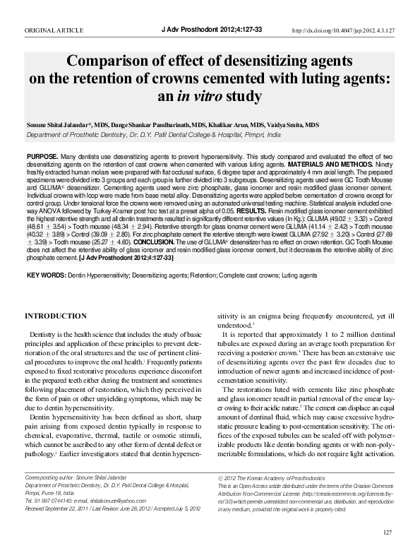 (PDF) Comparison of effect of desensitizing agents on the retention of ...