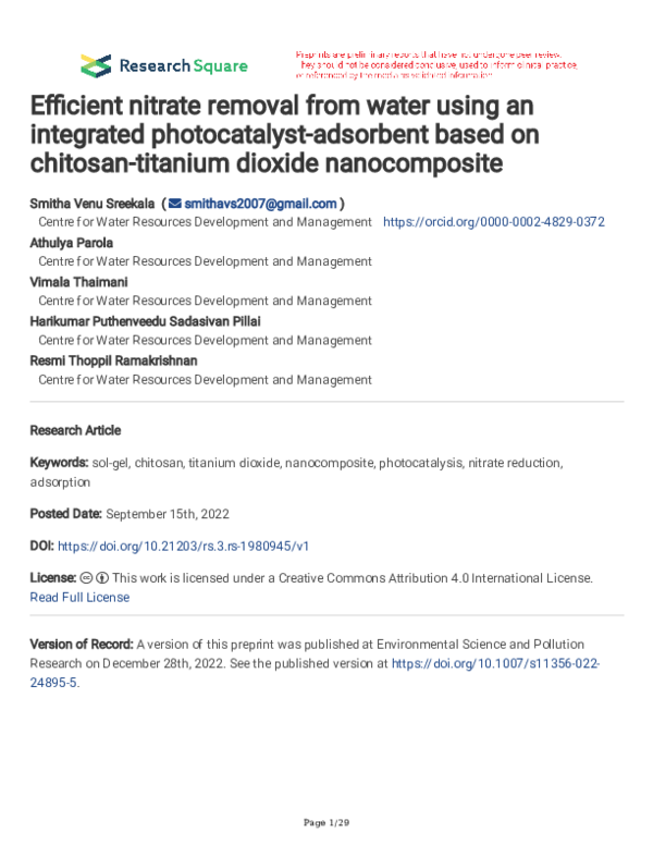 (PDF) Efficient nitrate removal from water using an integrated photocatalyst-adsorbent based on ...