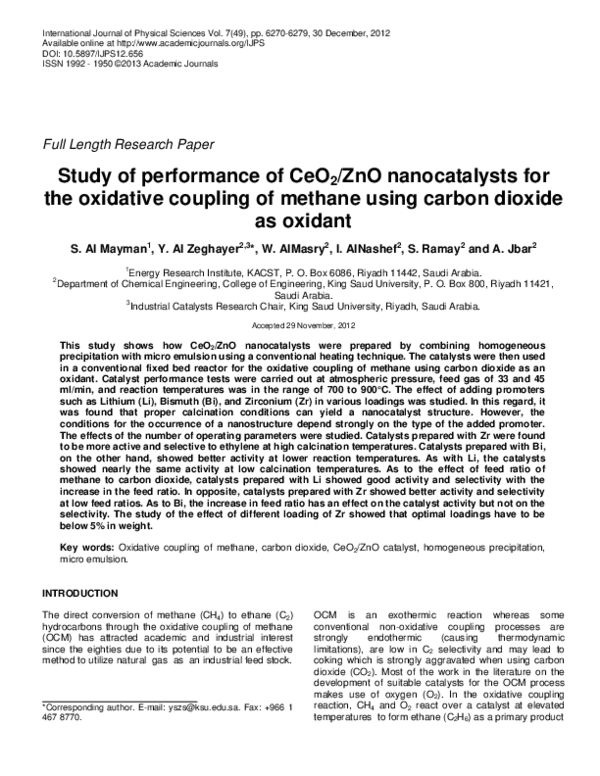 (PDF) Study of performance of CeO2/ZnO nanocatalysts for the oxidative ...