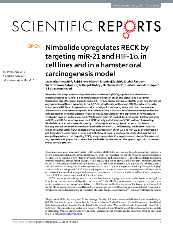 (PDF) Nimbolide upregulates RECK by targeting miR-21 and HIF-1α in cell ...