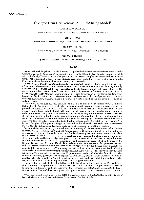 (PDF) Olympic Dam ore genesis; a fluid-mixing model