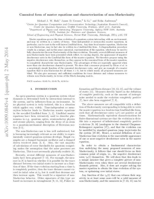 (PDF) Canonical form of master equations and characterization of non-Markovianity