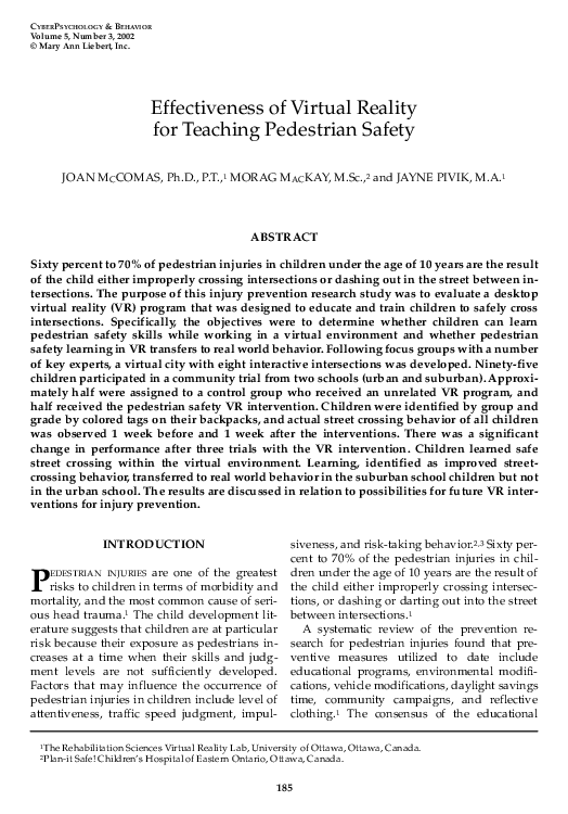 (PDF) Effectiveness of virtual reality for teaching street-crossing skills to children and ...