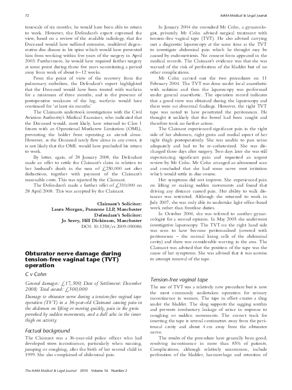 (PDF) Cases: Obturator nerve damage during tension-free vaginal tape ...