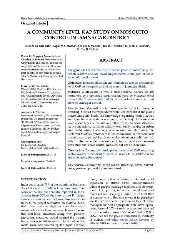 (PDF) A COMMUNITY LEVEL KAP STUDY ON MOSQUITO CONTROL IN JAMNAGAR DISTRICT