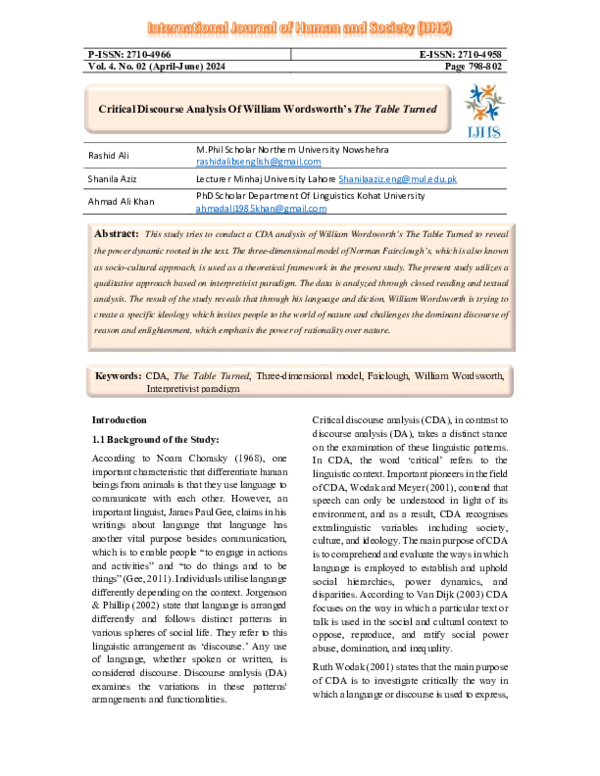 (PDF) Critical Discourse Analysis Of William Wordsworth’s The Table Turned