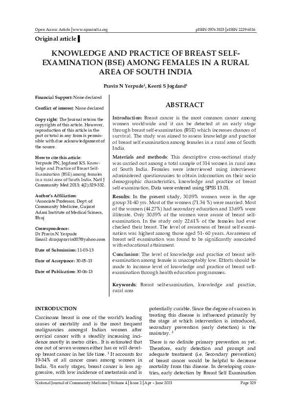 (PDF) KNOWLEDGE AND PRACTICE OF BREAST SELF-EXAMINATION (BSE) AMONG ...
