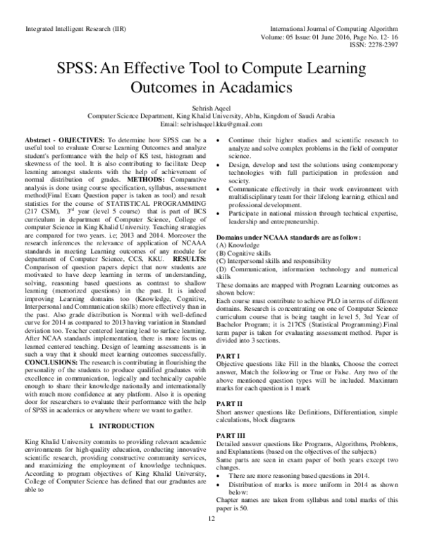 (PDF) SPSS: An Effective Tool to Compute Learning Outcomes in Acadamics