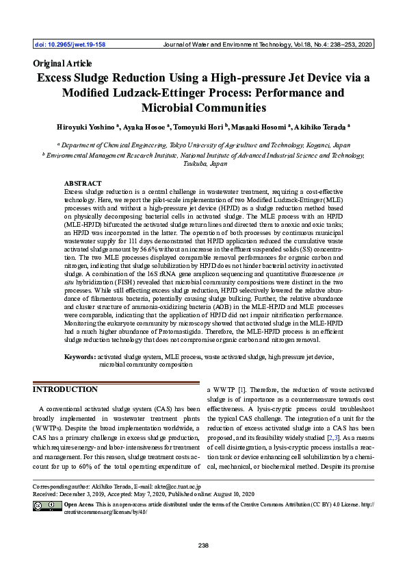 (PDF) Excess Sludge Reduction Using a High-pressure Jet Device via a ...