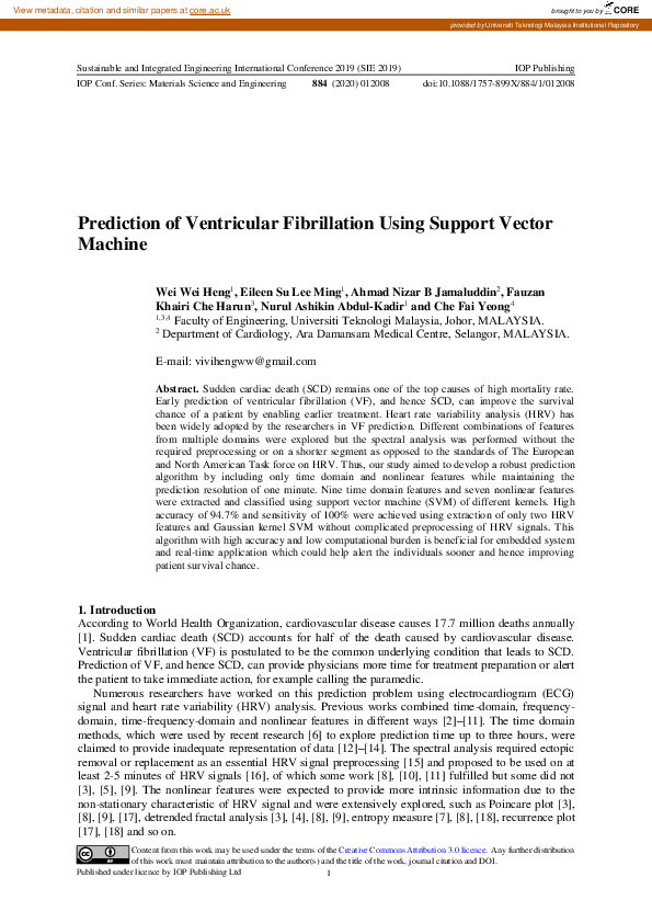 (PDF) Prediction of Ventricular Fibrillation Using Support Vector Machine