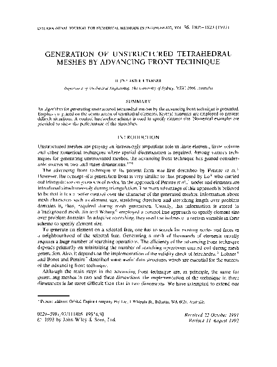 (PDF) Generation of unstructured tetrahedral meshes by advancing front technique