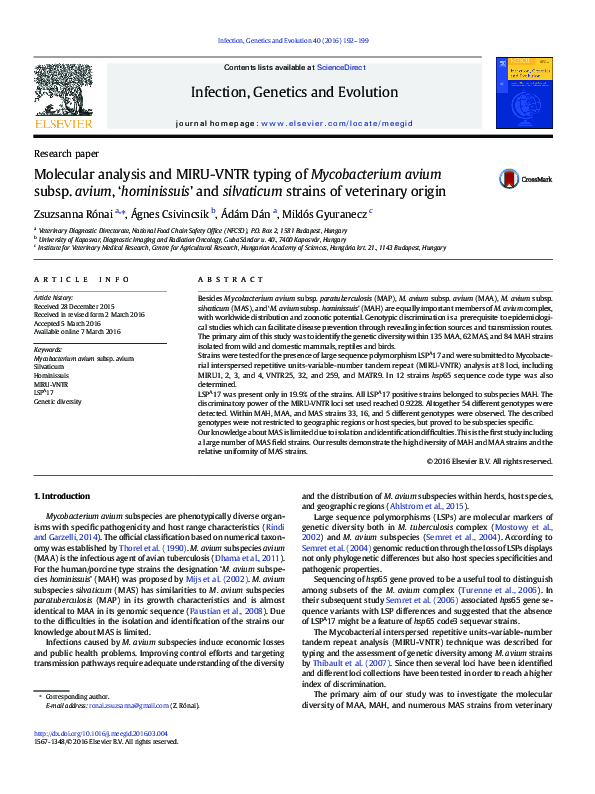 (PDF) Molecular analysis and MIRU-VNTR typing of Mycobacterium avium subsp. avium, ‘hominissuis ...