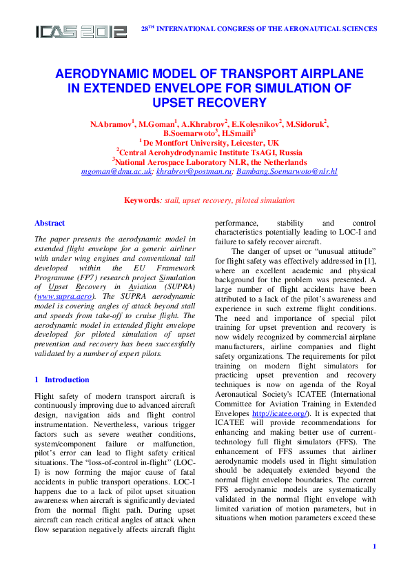 (PDF) Aerodynamic model of transport airplane in extended envelope for simulation of upset recovery