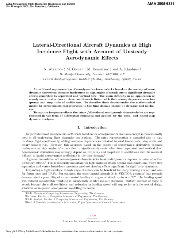 Pdf Lateral Directional Aircraft Dynamics At High Incidence Flight With Account Of Unsteady