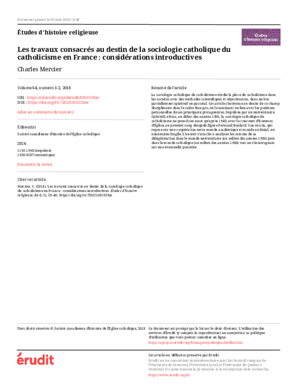 (PDF) Les travaux consacrés au destin de la sociologie catholique du ...