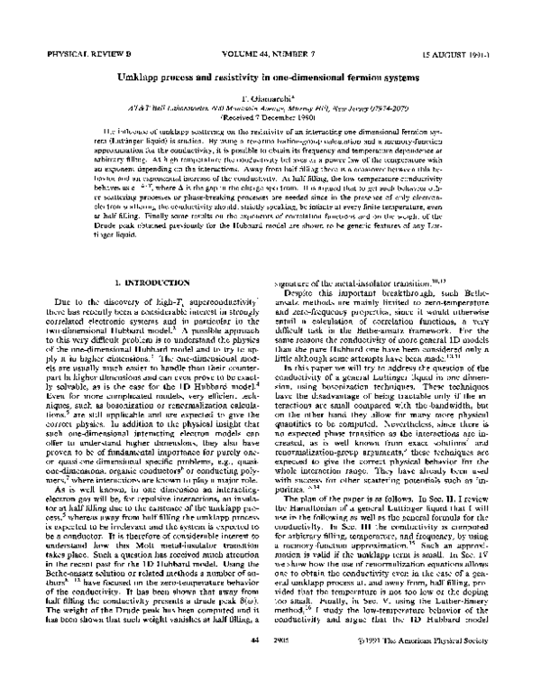 (PDF) Umklapp process and resistivity in one-dimensional fermion systems