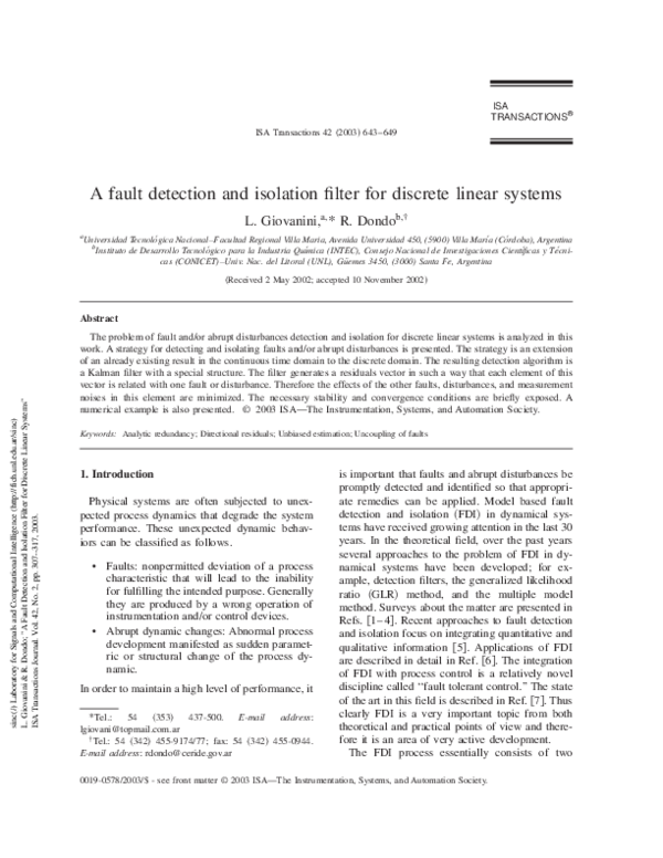 Pdf A Fault Detection And Isolation Filter For Discrete Linear Systems
