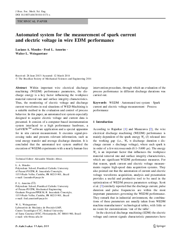(PDF) Automated system for the measurement of spark current and electric voltage in wire EDM ...