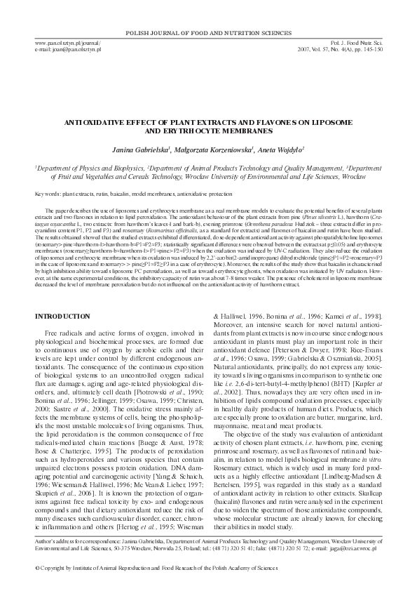 (PDF) Antioxidative effect of plant extracts and flavones on liposome ...