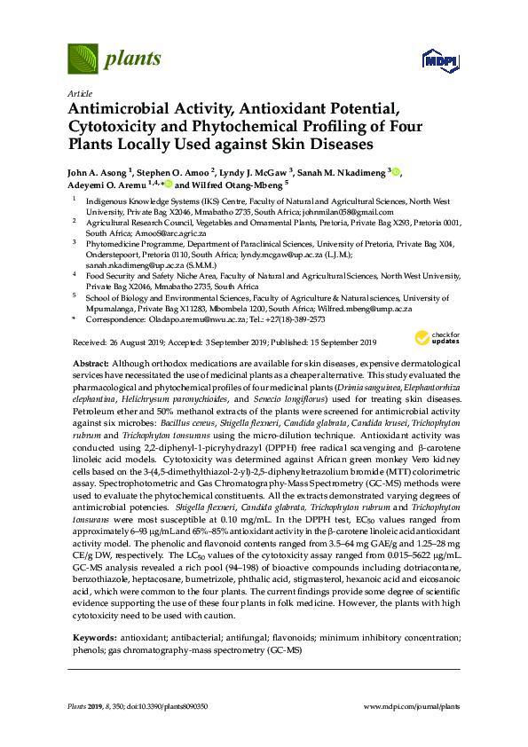 (PDF) Antimicrobial Activity, Antioxidant Potential, Cytotoxicity and Phytochemical Profiling of ...