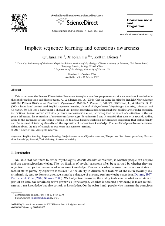 (PDF) Unconscious Knowledge in Sequence Learning