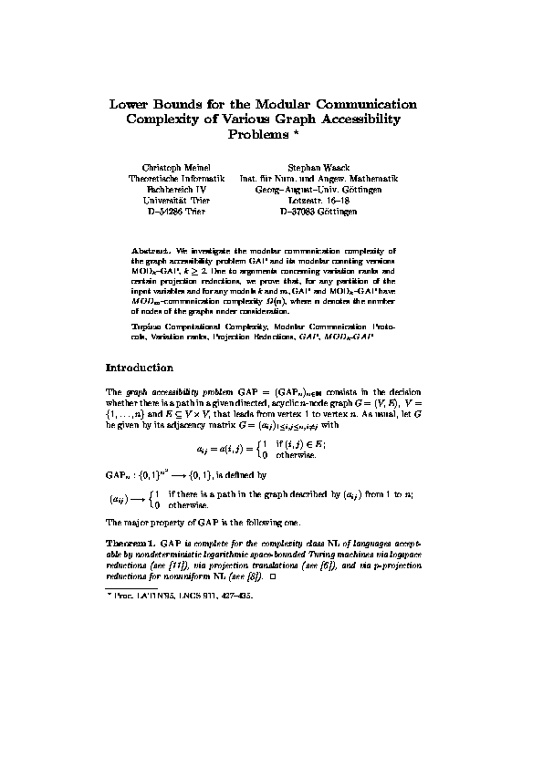 Pdf Lower Bounds For The Modular Communication Complexity Of Various Graph Accessibility Problems 1877