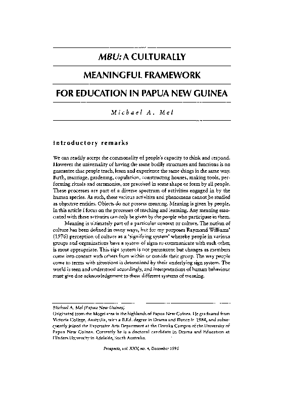 Pdf Mbu A Culturally Meaningful Framework For Education In Papua New Guinea
