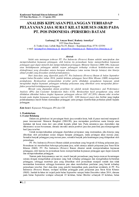 (PDF) Analisis Kepuasan Pelanggan Terhadap Pelayanan Jasa Surat Kilat Khusus (SKH) Pada Pt. Pos ...