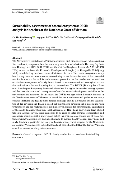 (PDF) Sustainability assessment of coastal ecosystems: DPSIR analysis ...