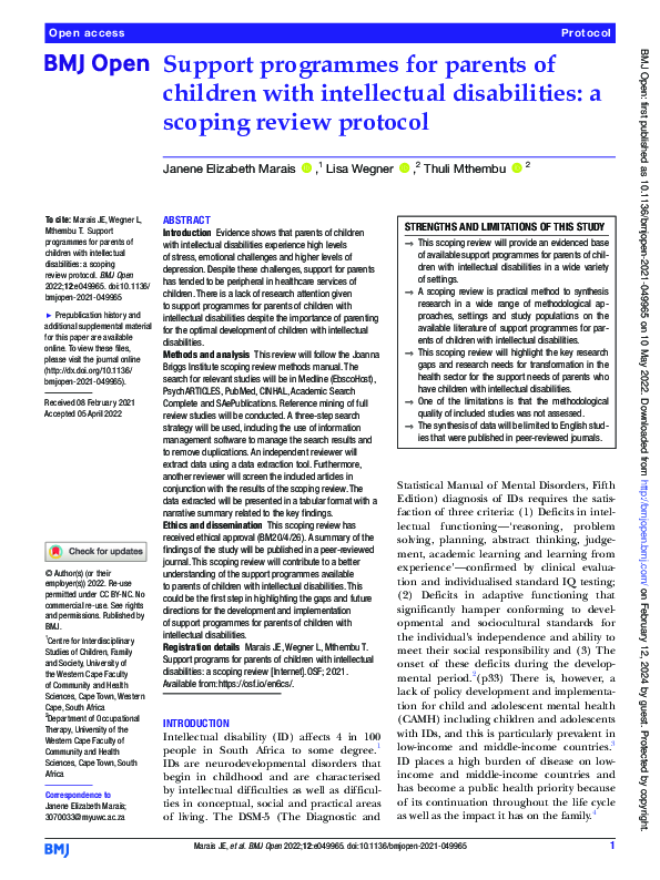 (PDF) Support programmes for parents of children with intellectual ...
