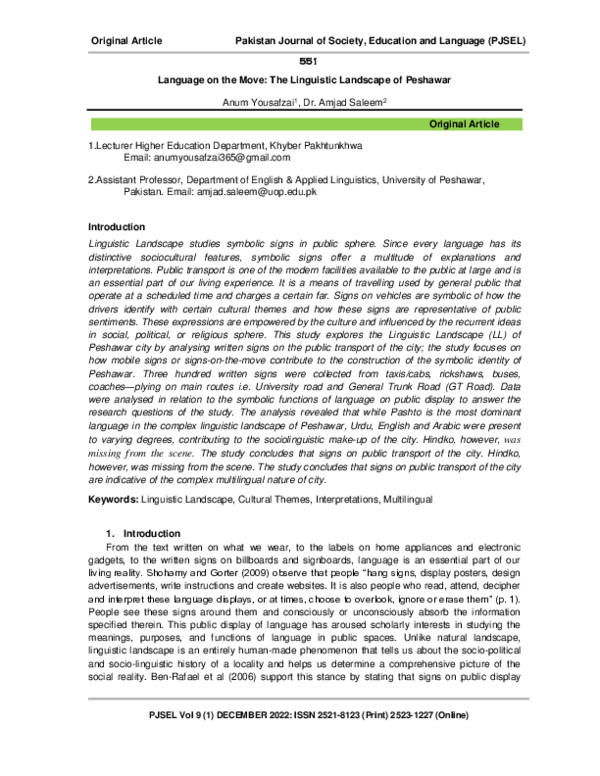 (PDF) Language on the Move: The Linguistic Landscape of Peshawar