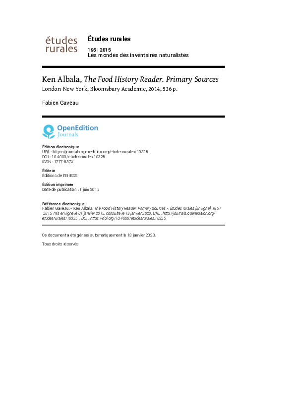 (PDF) Ken Albala, The Food History Reader. Primary Sources