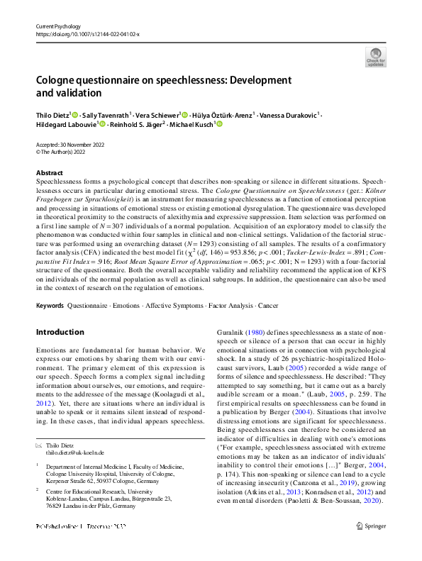 (PDF) Cologne questionnaire on speechlessness: Development and validation