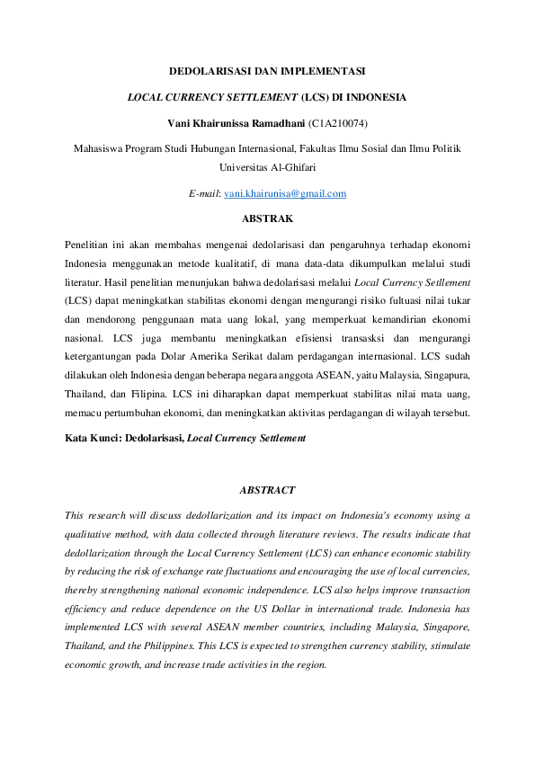 (PDF) DEDOLARISASI DAN IMPLEMENTASI LOCAL CURRENCY SETTLEMENT (LCS) DI ...