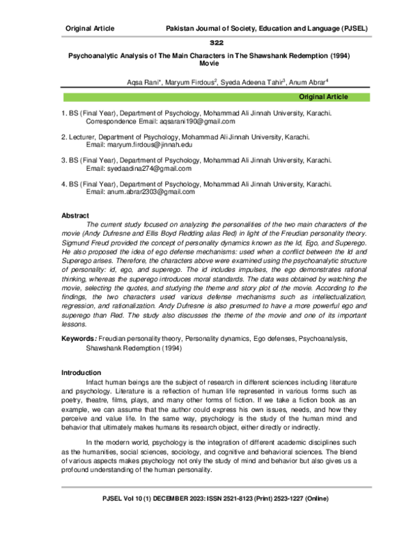 (PDF) Psychoanalytic Analysis of The Main Characters in The Shawshank ...