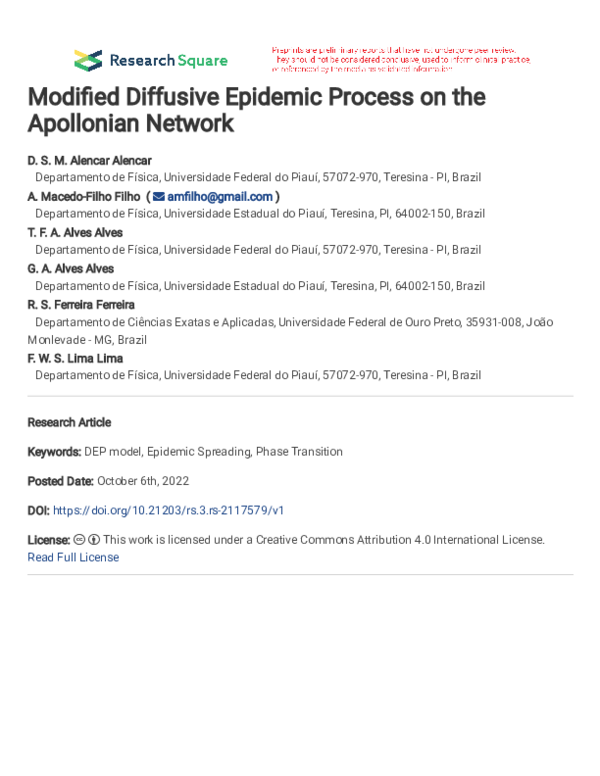 (PDF) Modified Diffusive Epidemic Process on the Apollonian Network