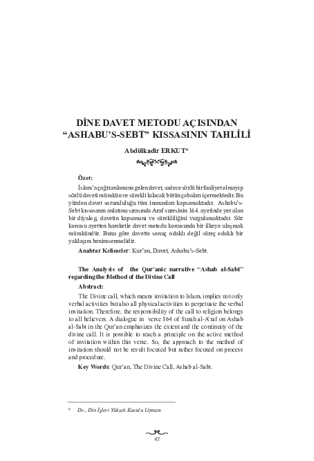 (PDF) Di̇ne Davet Metodu Açisindan “Ashabu’S-Sebt” Kissasinin Tahli̇li̇