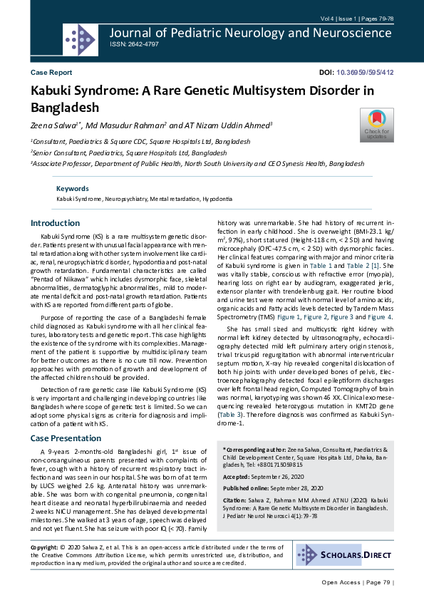 (PDF) Kabuki Syndrome: A Rare Genetic Multisystem Disorder in Bangladesh