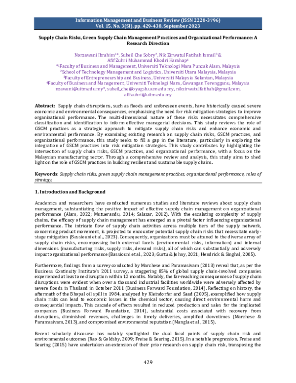 (PDF) Supply Chain Risks, Green Supply Chain Management Practices and Organizational Performance ...