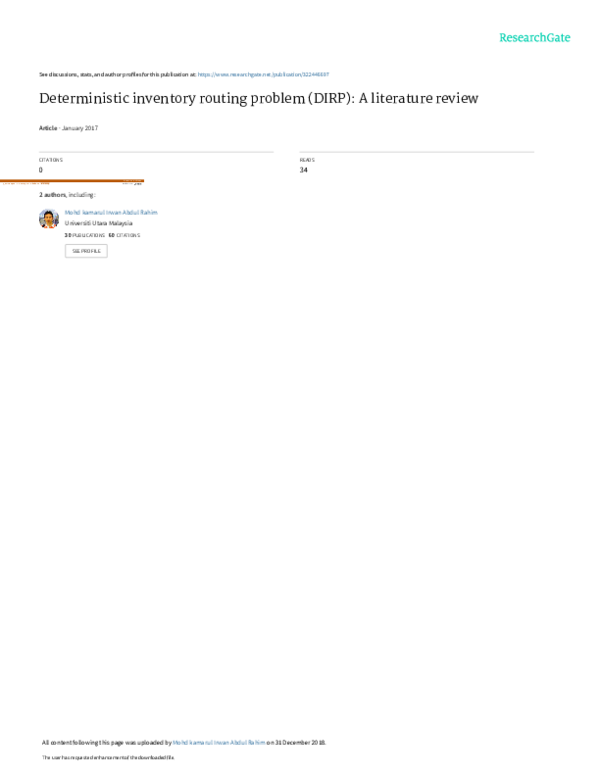 (PDF) Deterministic Inventory Routing Problem (DIRP): A Literature Review